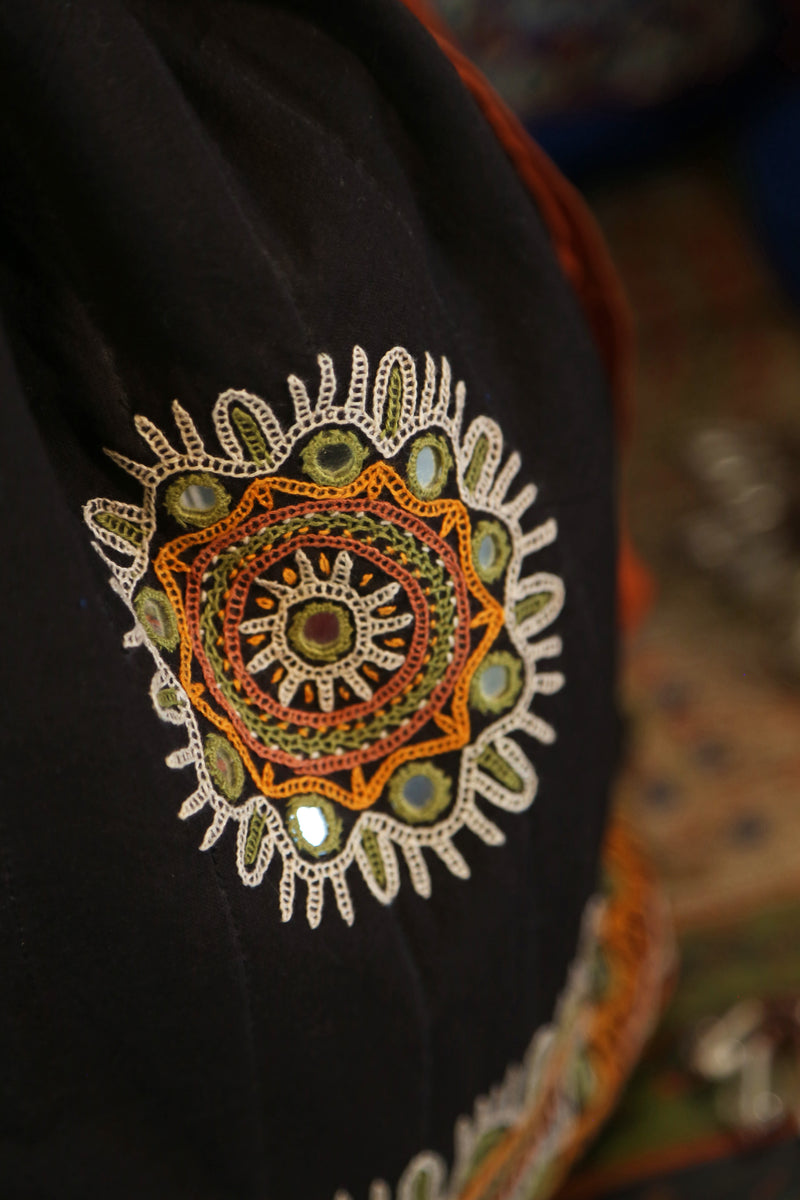Large Padded Rabari Tribal Bag in Black Cotton Hand Embroidered By Par ...